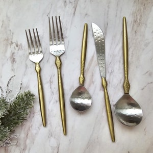 Hand Hammered Flatware Set - Gold & Silver Wedding Flatware - 5 Piece ...