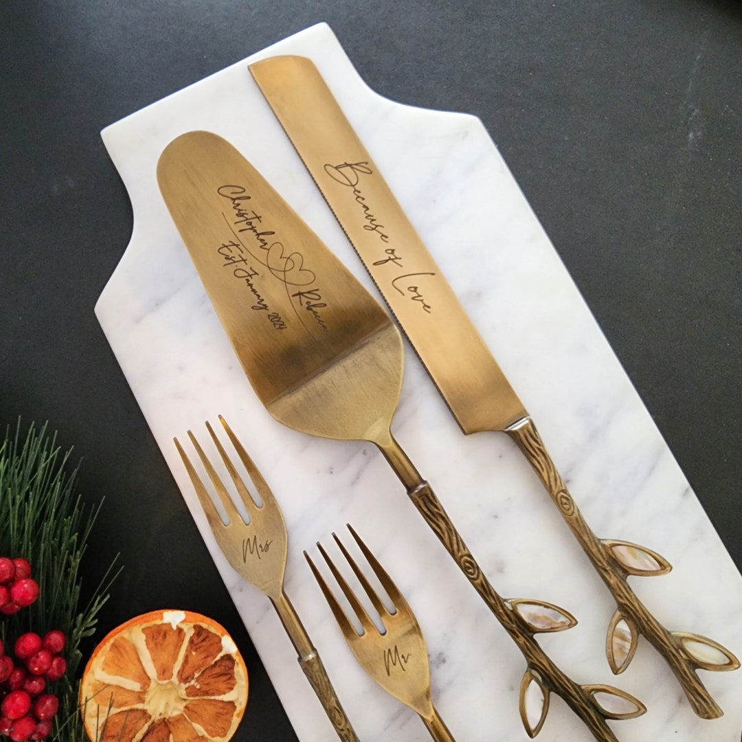 Gold Wedding Cake Knife - Personalized Wedding Cake Cutter - Cake Fork ...