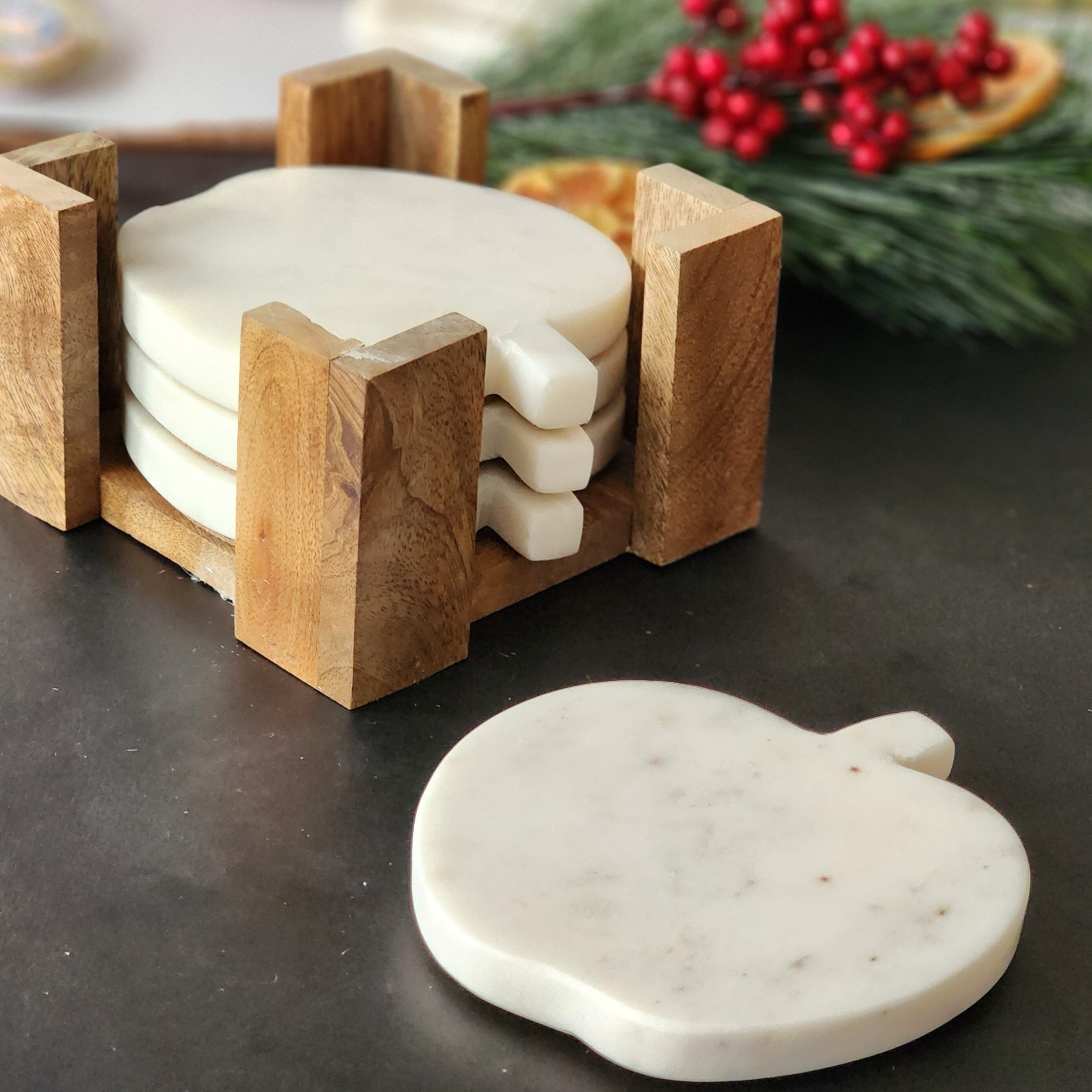 4 Marble Coaster Set With Wooden Stand - Apple Coasters - Square ...