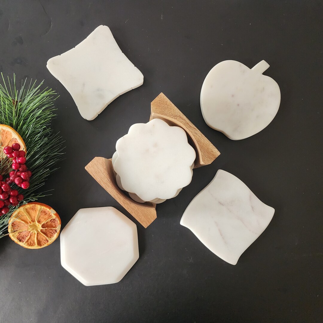 4 Marble Coaster Set With Wooden Stand - Apple Coasters - Square ...