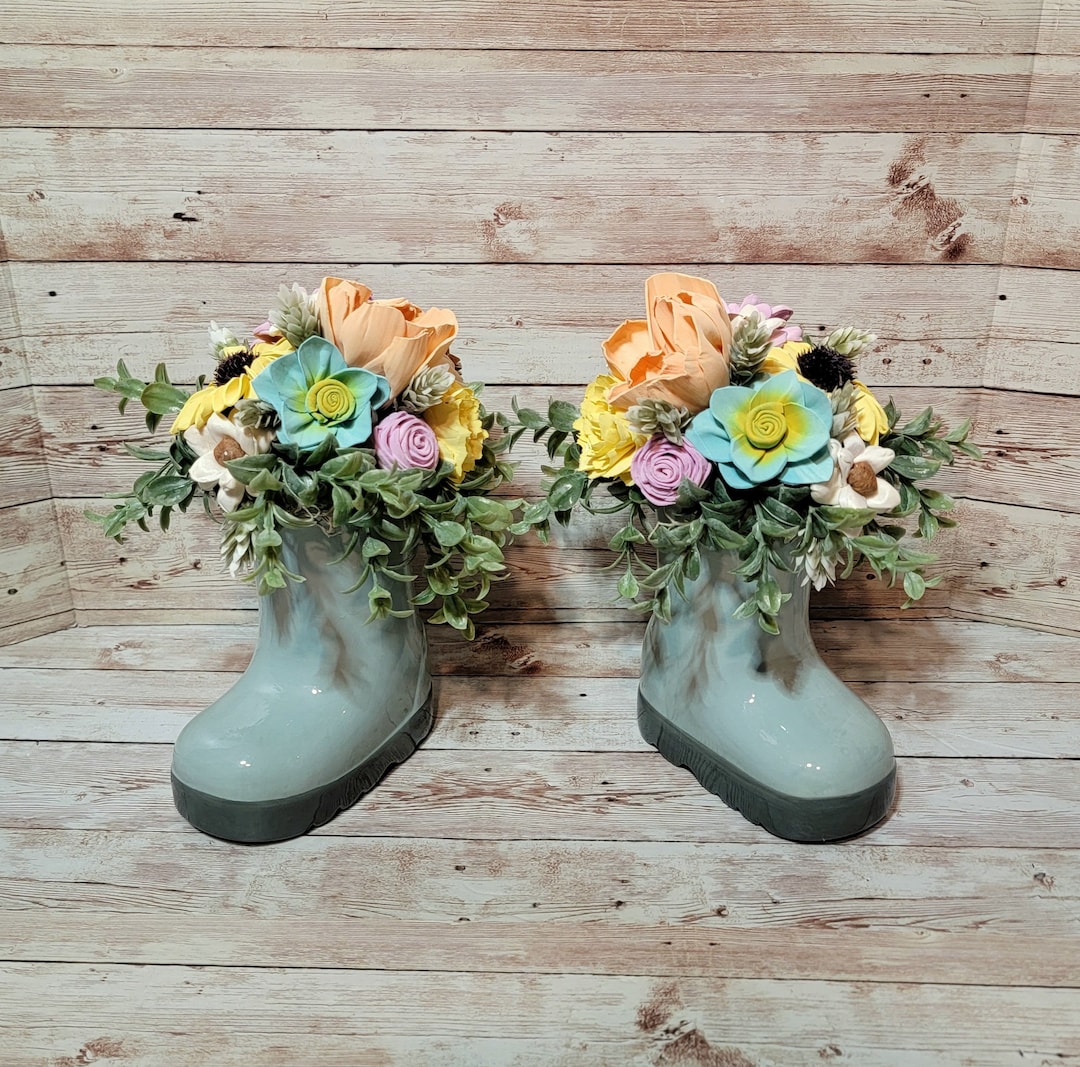 Rain Boot Floral Arrangement, Rain Boots Floral Decor, Wood Floral ...