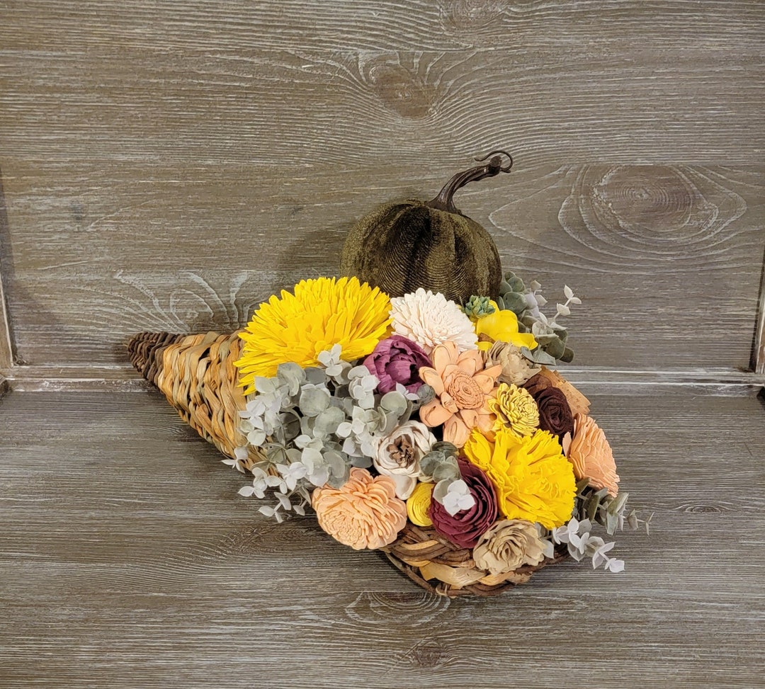 Floral Cornucopia, Wood Floral Cornucopia, Fall Cornucopia Centerpiece ...