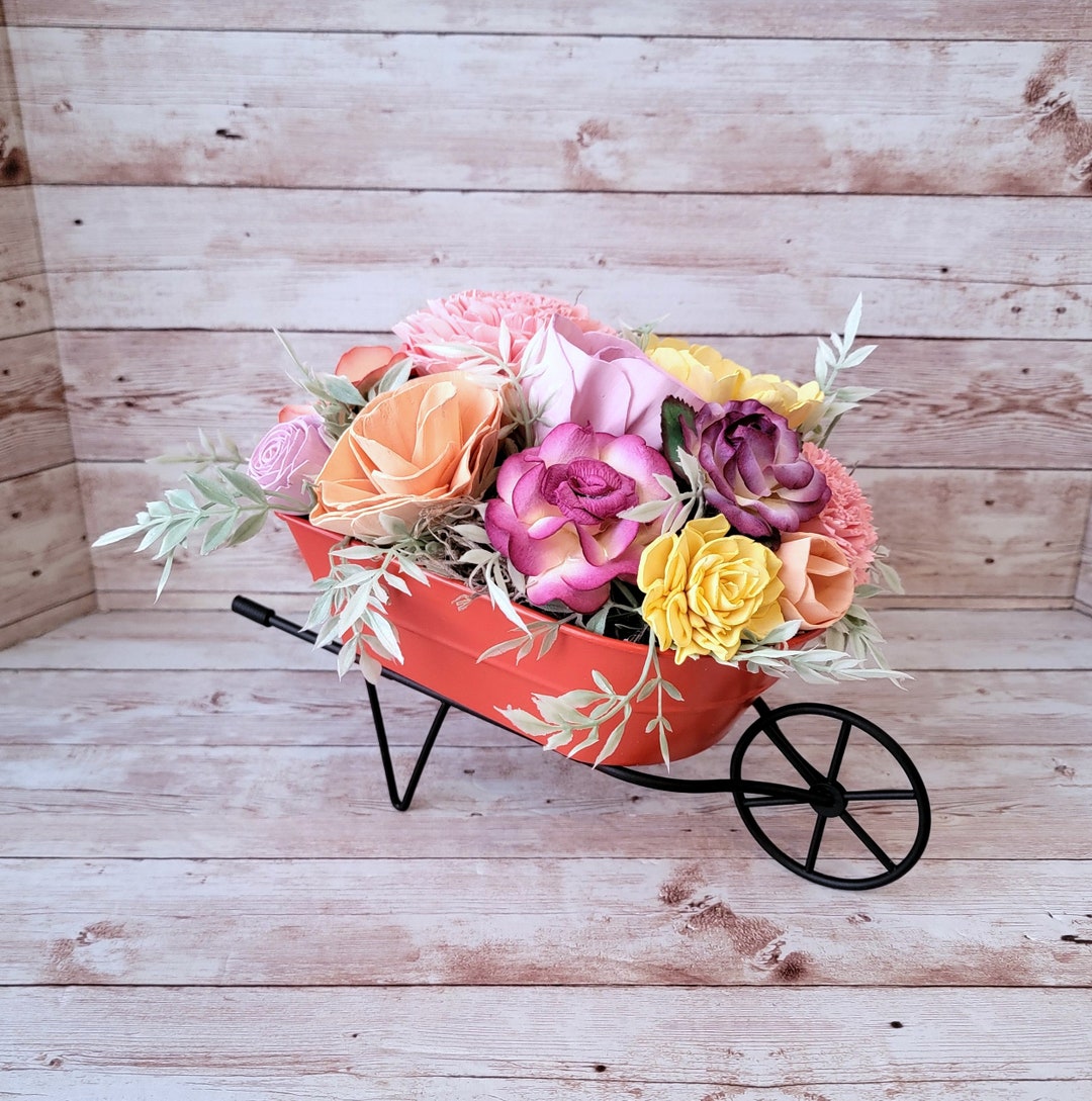 Wood Floral Wheelbarrow Arrangement, Spring Floral Arrangement ...