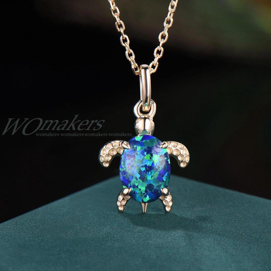 18k Solid Gold Black Opal Turtle Necklace Cute Sea Turtle Black Opal ...