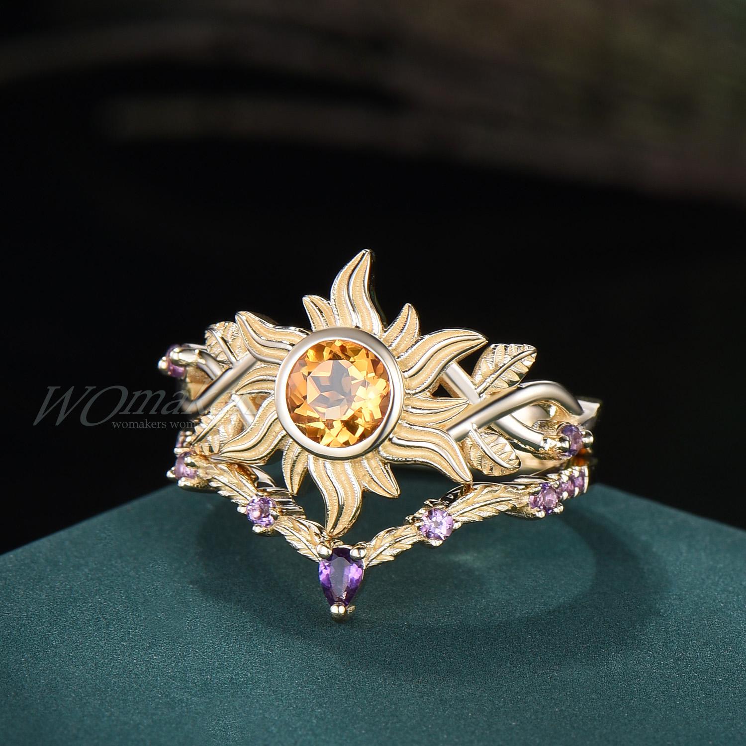 Tangled Sun Bridal Ring Set Vine Leaf Round Citrine Engagement Ring ...