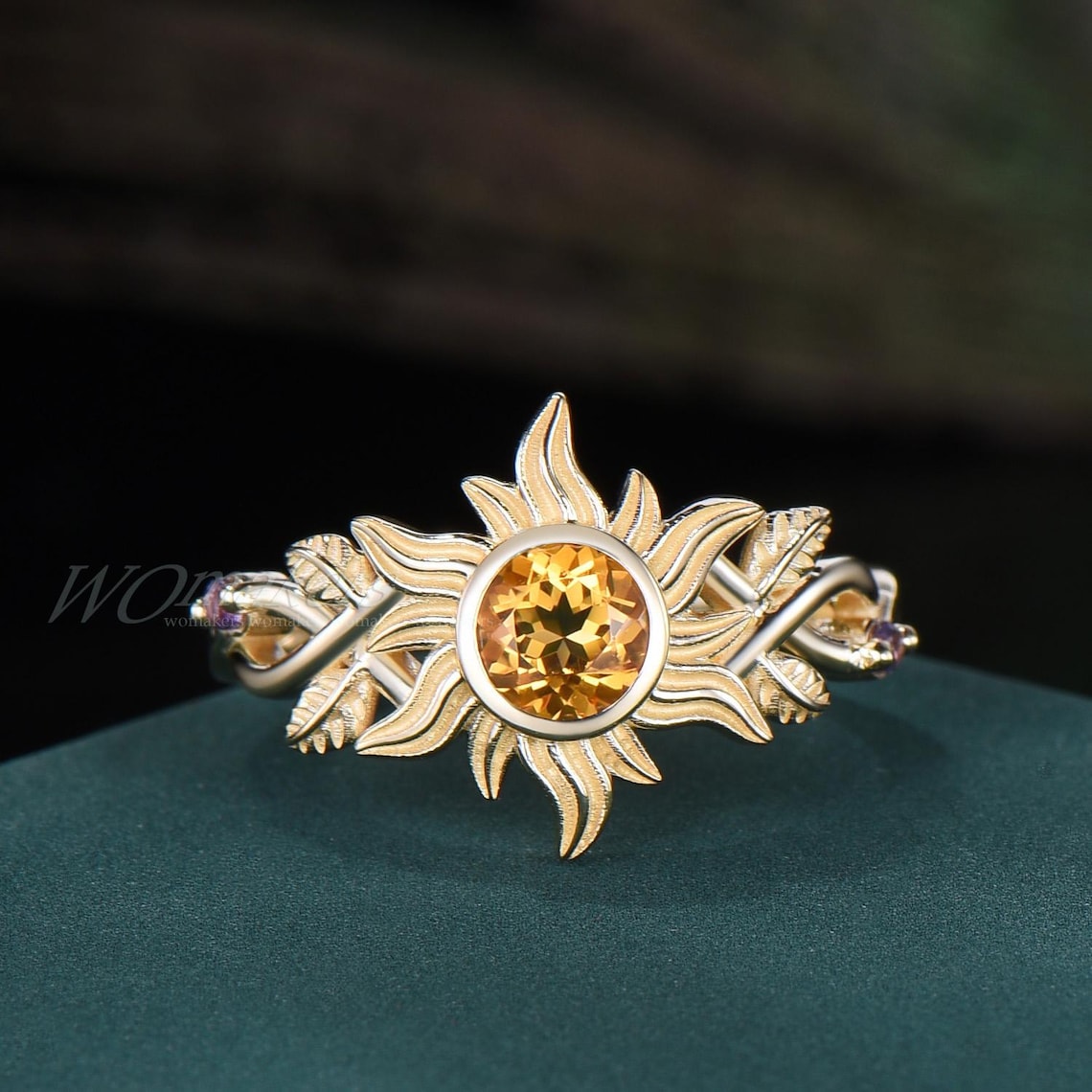 Tangled Sun Bridal Ring Set Vine Leaf Round Citrine Engagement Ring ...
