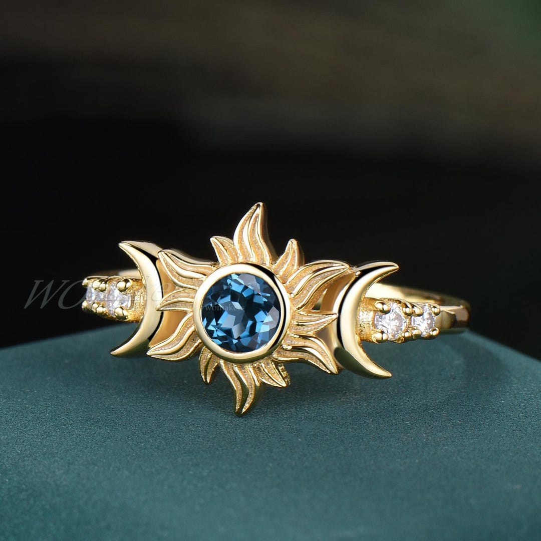 Tangled Ring Crescent Moon&sun Ring Natural London Blue Topaz ...