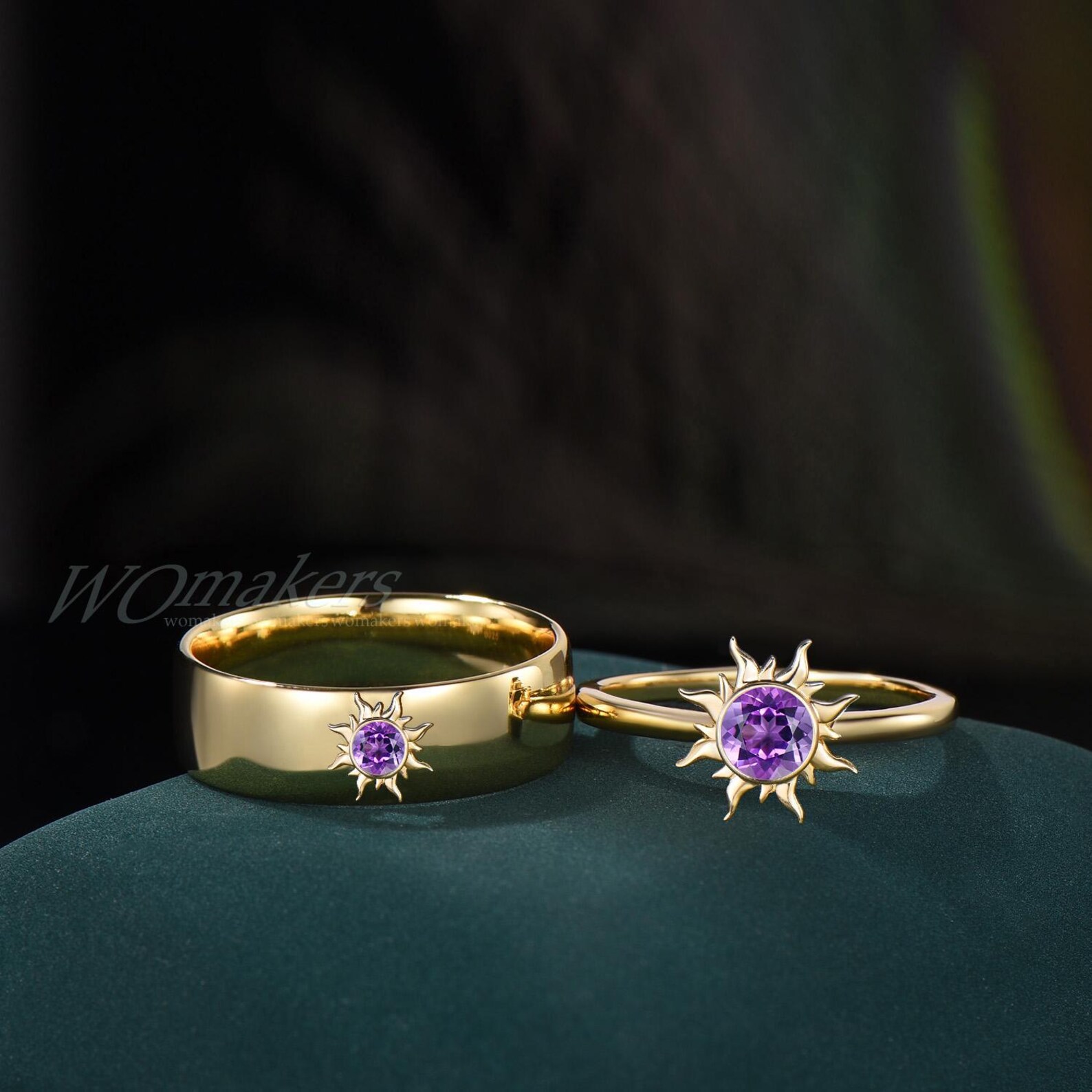 Rapunzel Sun Couple Ring Set 14k Solid Gold Round Amethyst Bezel ...
