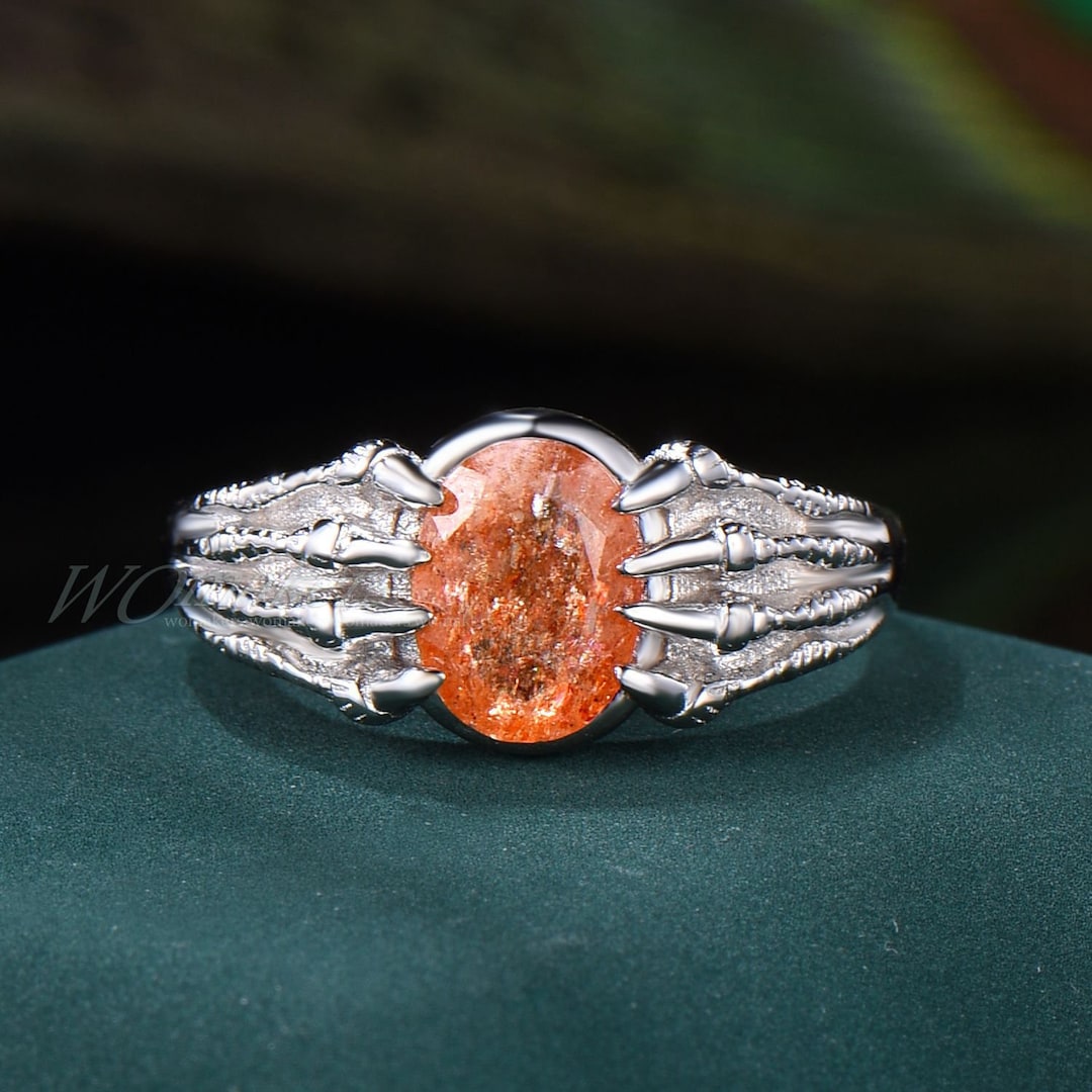 Diablo Oval Cut Sunstone Bezel Ring With Daemon Fingers Prongs Sterling ...