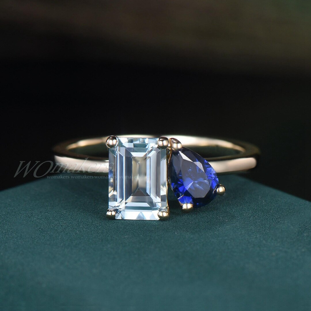 Toi Et Moi Ring Natural Aquamarine Blue Sapphire Engagement Ring Pear ...