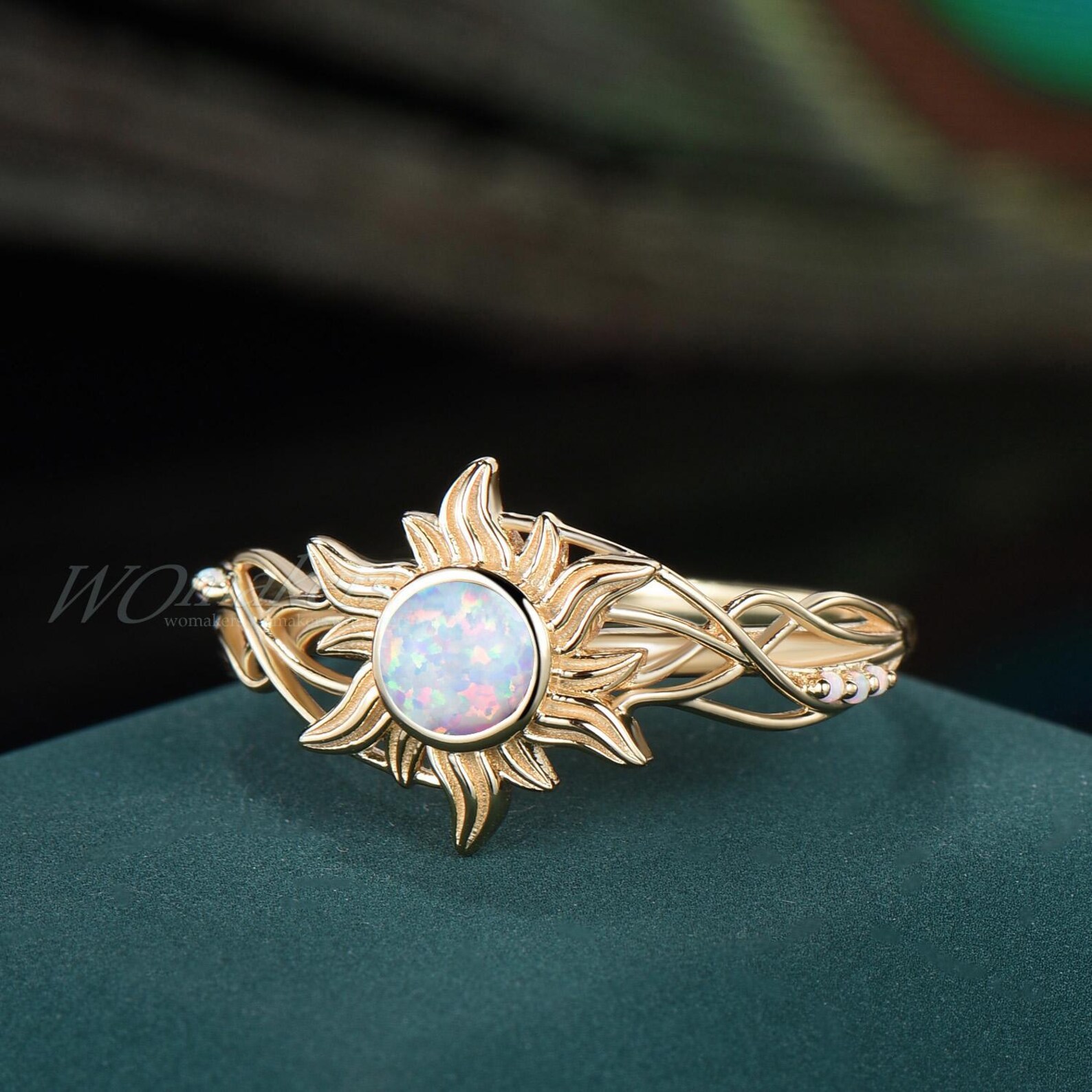 Tangled Rapunzel Princess Sun Engagement Ring 14k Solid Gold White Opal ...