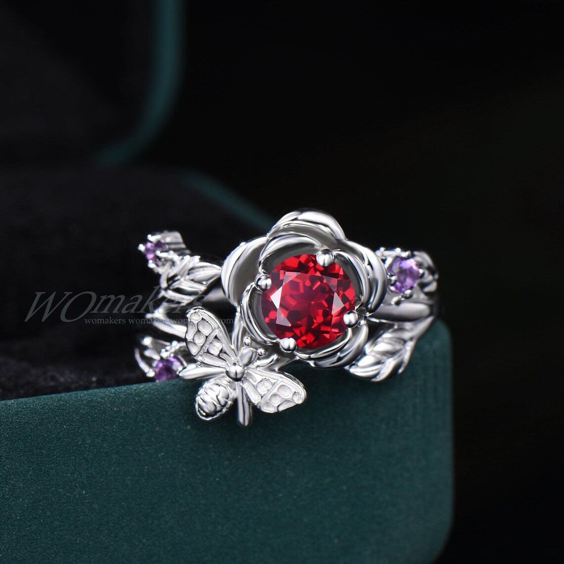 Rose Flower and Bee Engagement Ring Round Ruby Nature Inspired Red ...