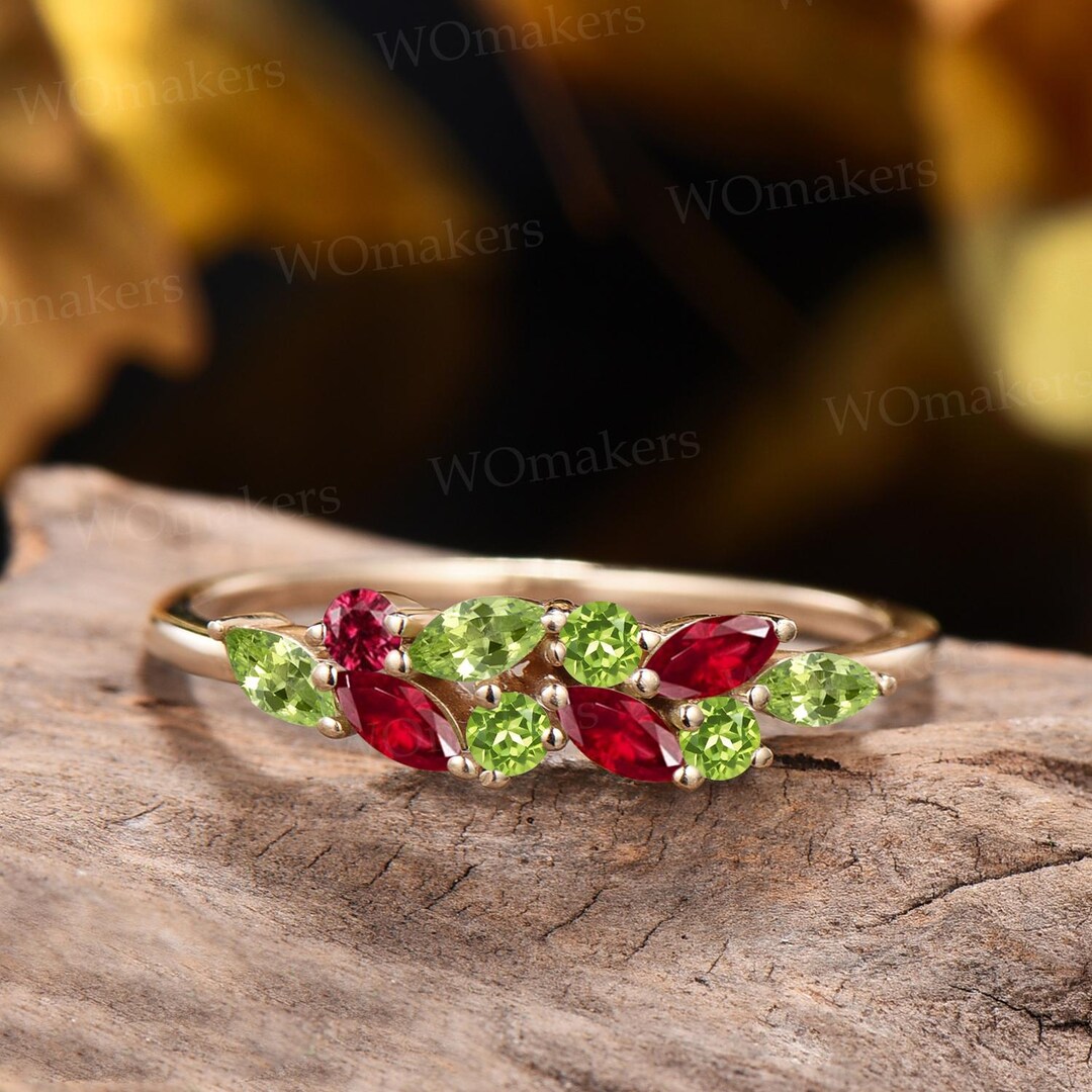 Minimalist Marquise&round Cut Peridot Ruby Wedding Band Unique Green ...