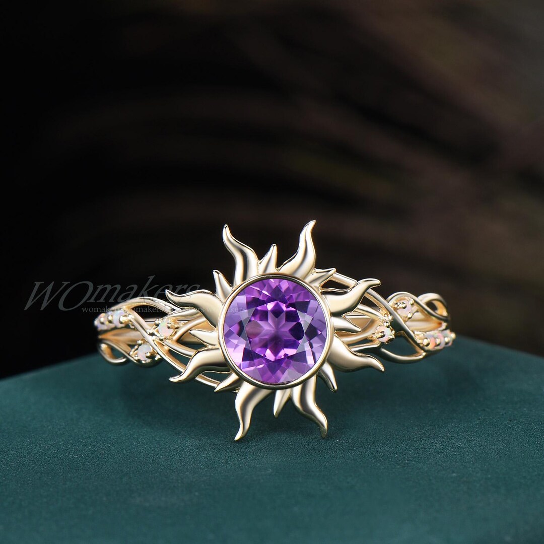 Tangled Sun Ring Round Natural Amethyst Bezel Sunburst Ring Solid Gold ...