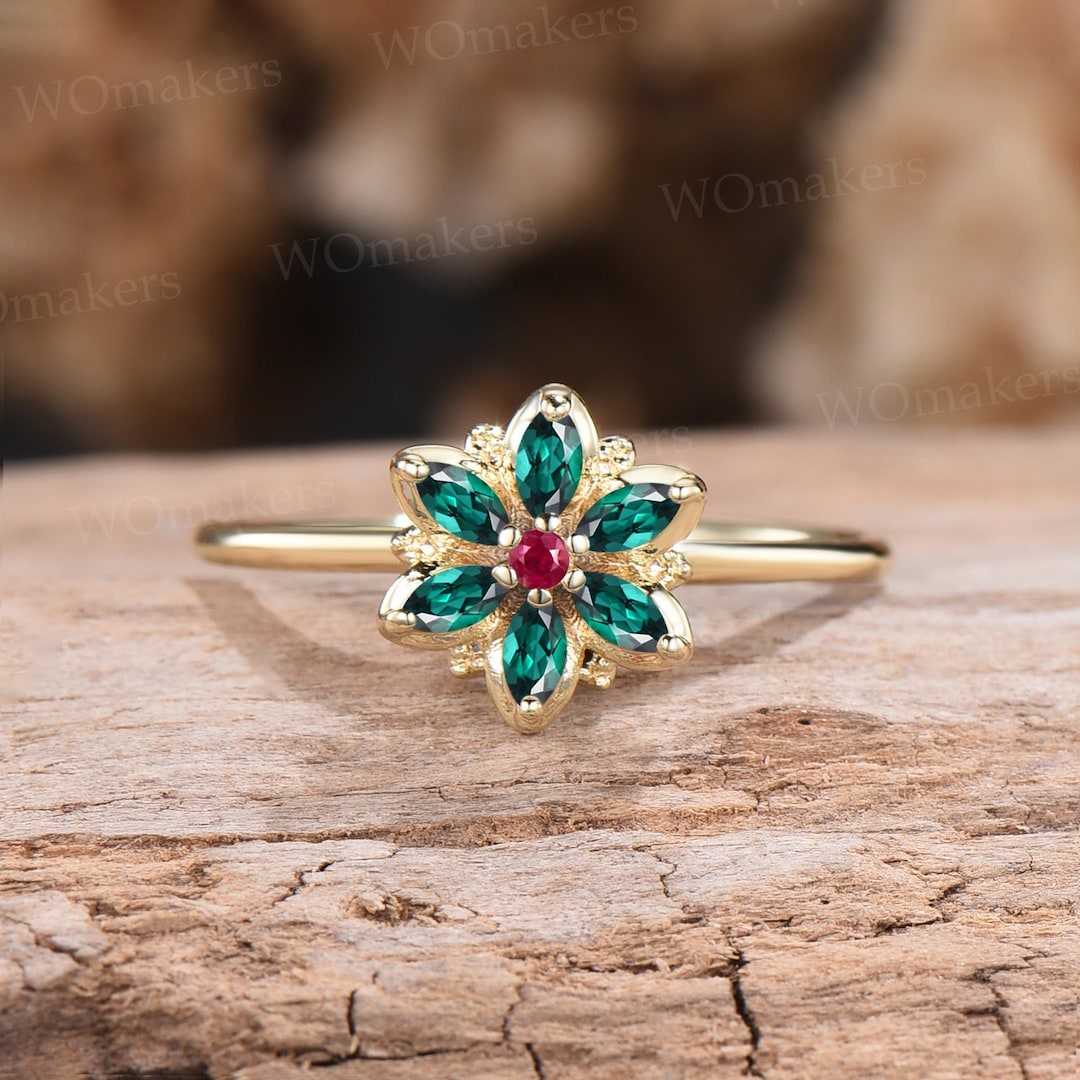 Flower Shape Ring Wedding Band Yellow Gold Marquise Emerald Round Ruby ...