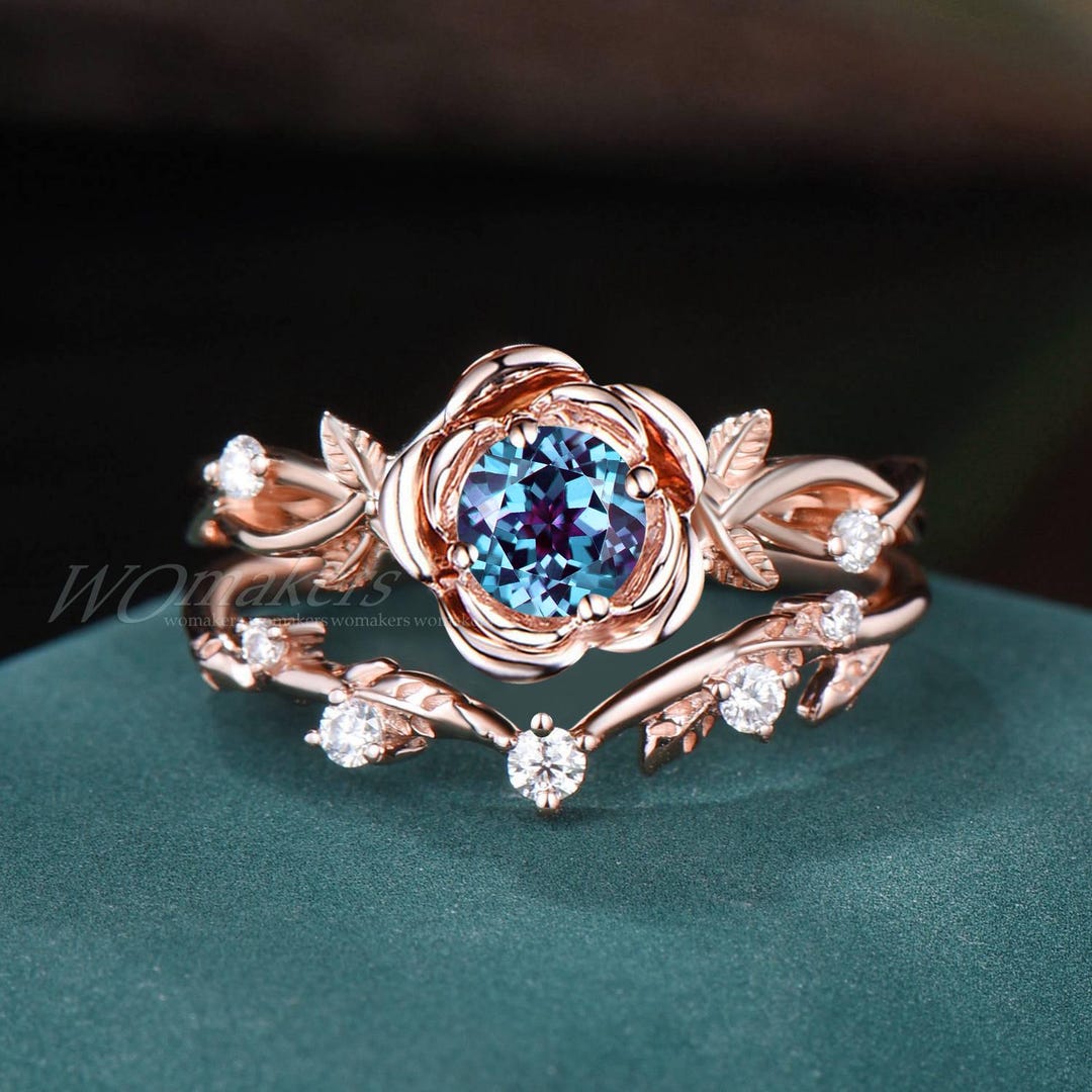 Rose Flower Bridal Ring Set Round Color Change Alexandrite Vine Leaf ...