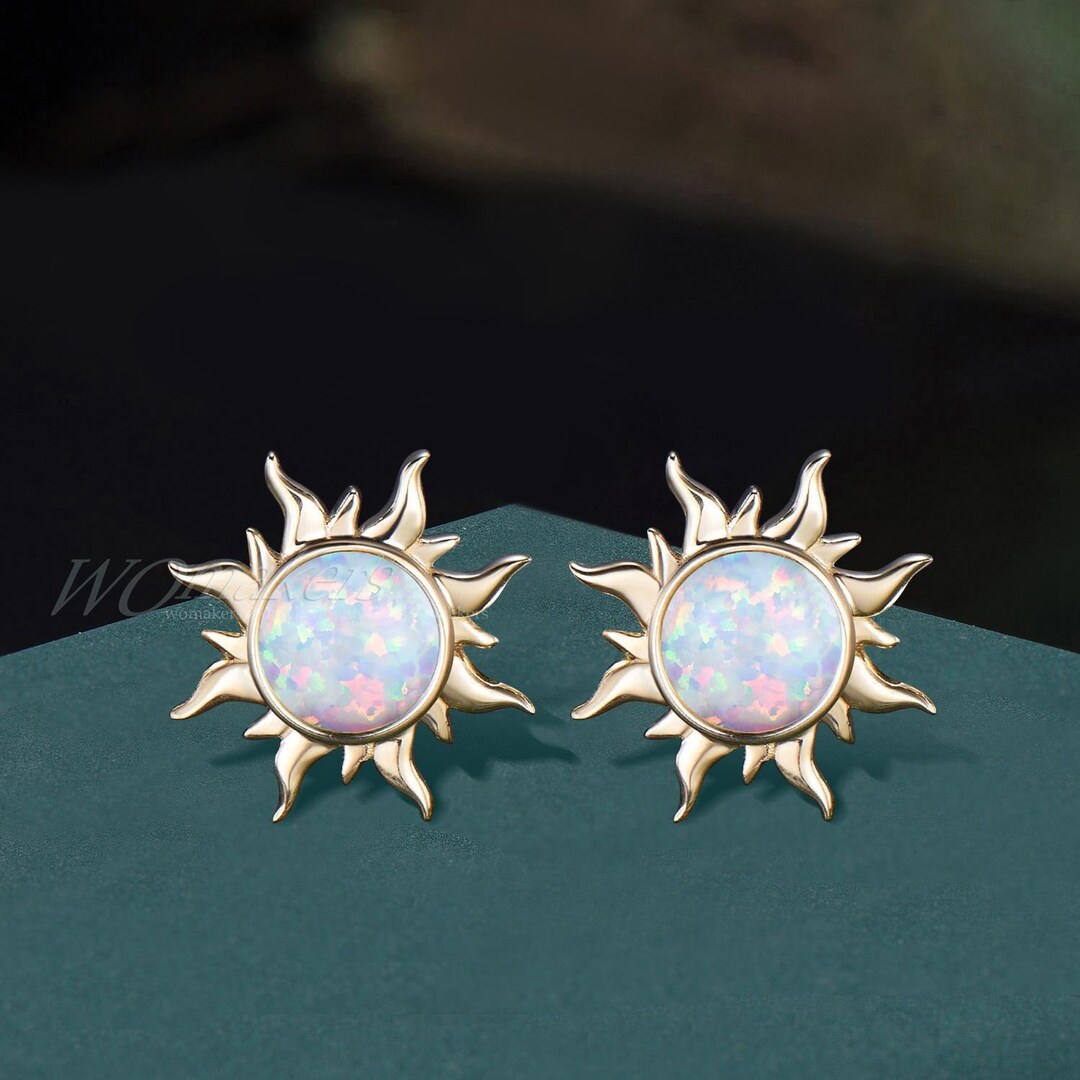 Rapunzel Sun Stud Earrings Solid 14k Yellow Gold Round White Fire Opal ...