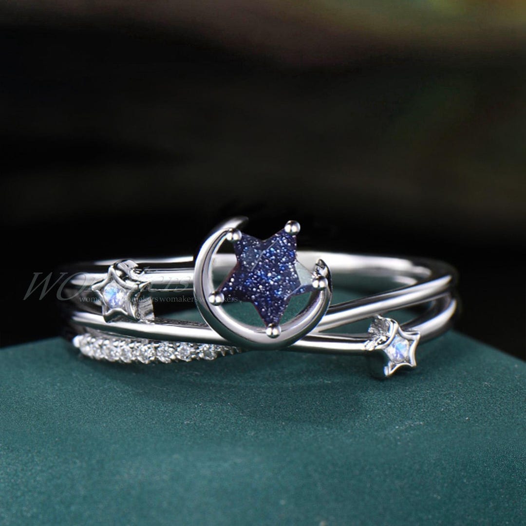 Crescent Moon Star Cut Blue Sandstone Engagement Ring, Moonstone ...