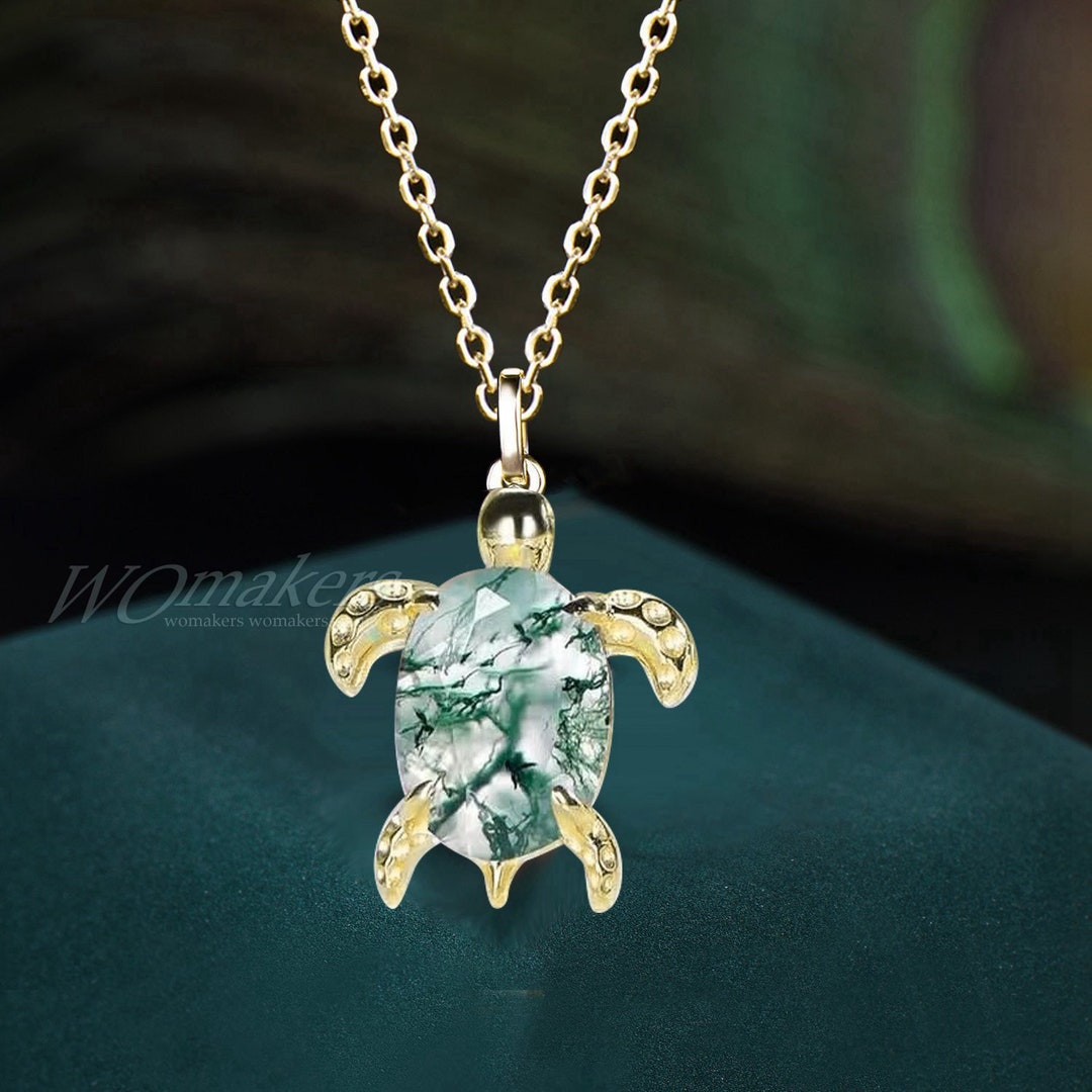 Dainty 14k Real Solid Gold Turtle Pendant Necklace Green Moss Agate Sea ...