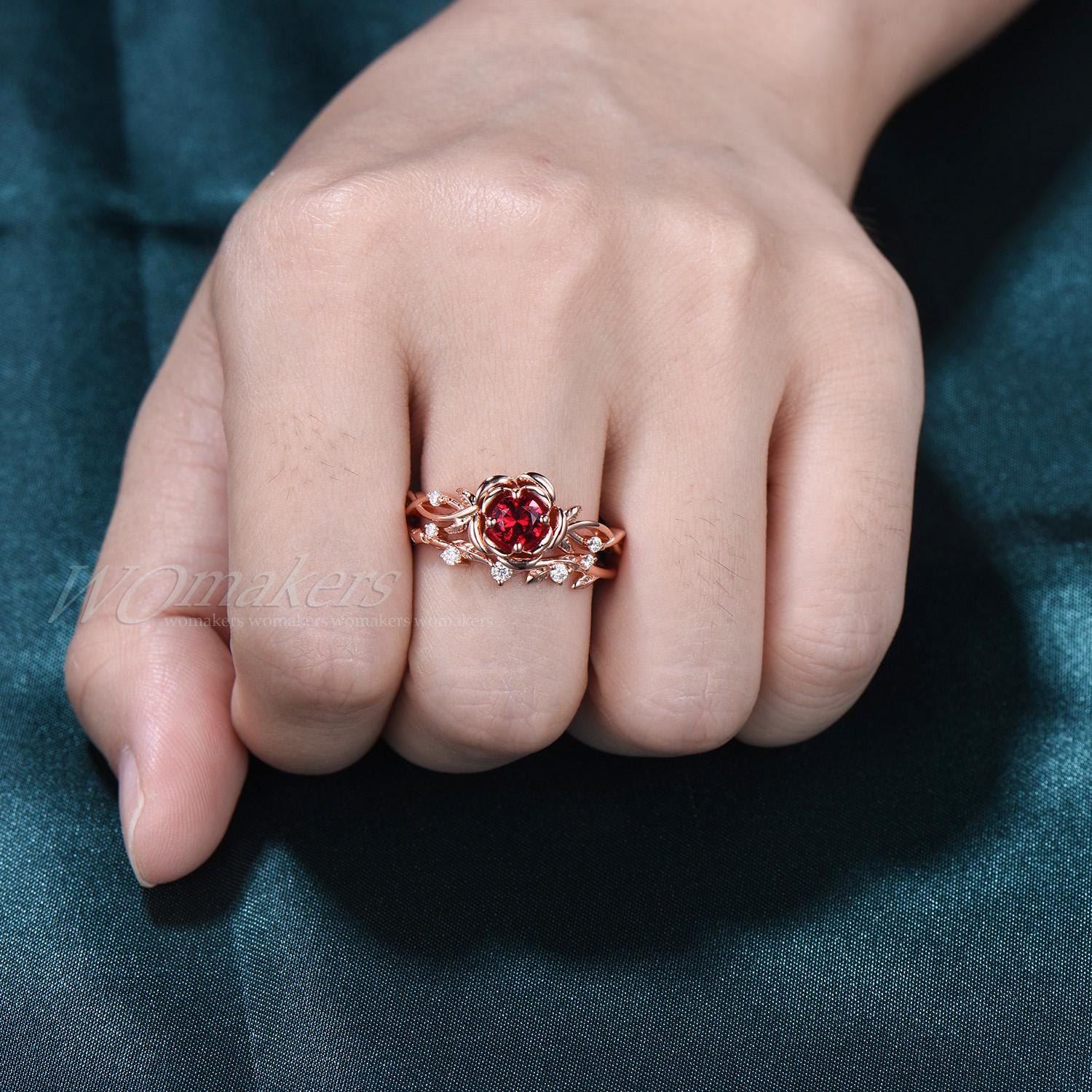 Rose Flower Leaf Twist Vine Ring Round Ruby Engagement Ring Red ...