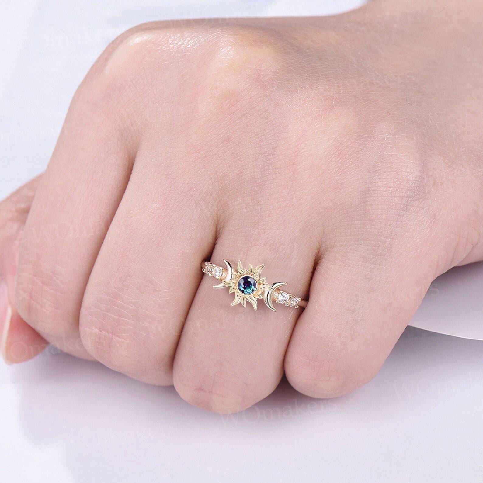 Tangled Sun Crescent Ring Color Changing Alexandrite Engagement Ring ...