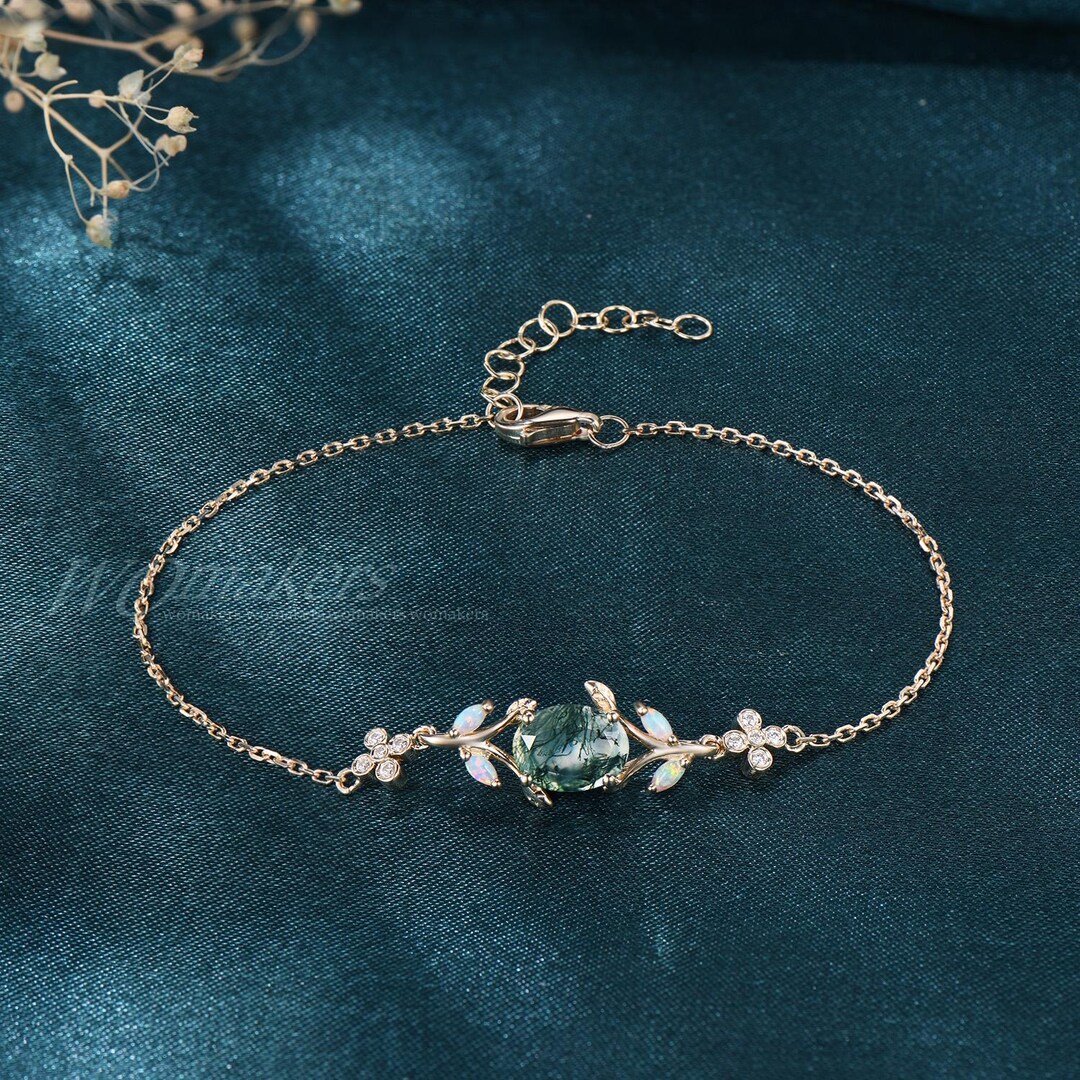 Nature Inspired Oval Cut Natural Green Moss Agate Bracelet Leaf Twig ...