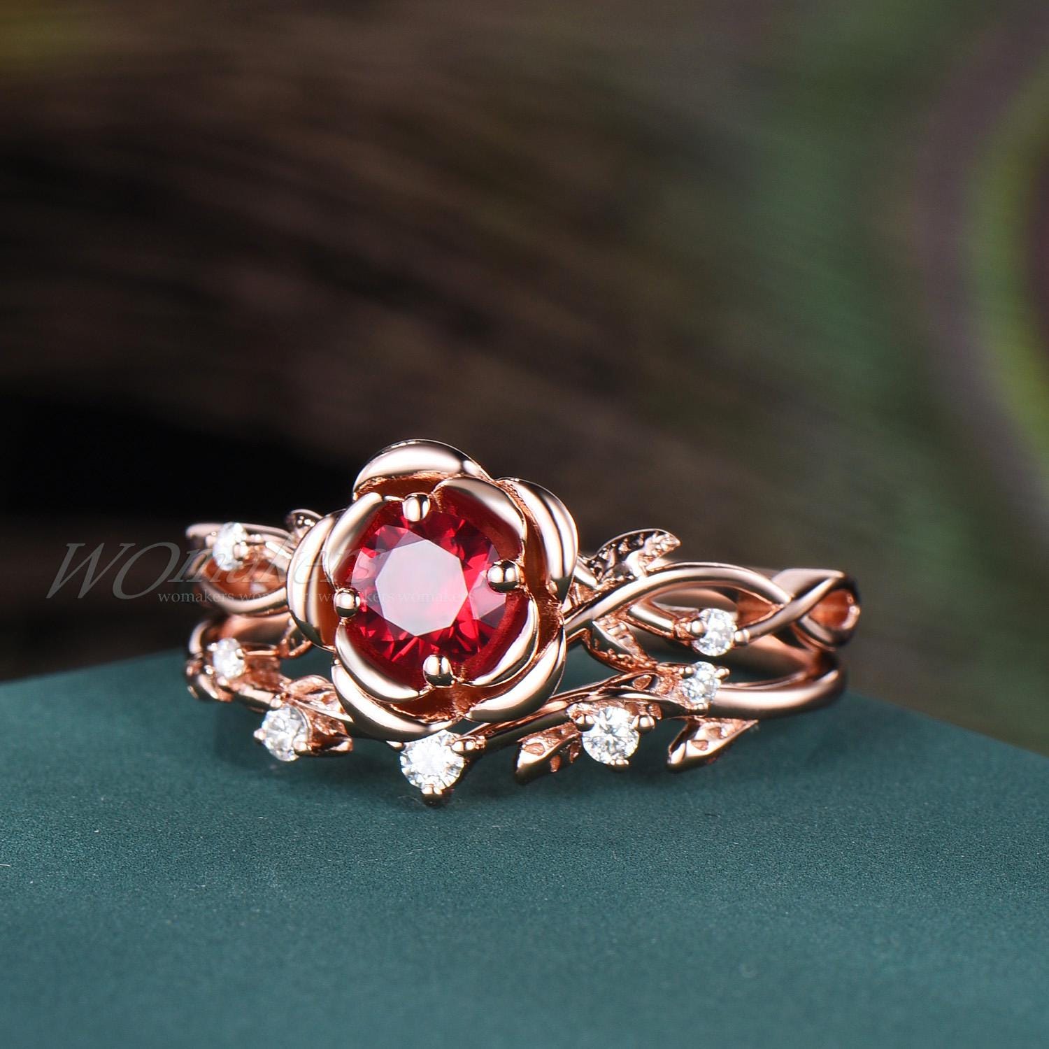 Rose Flower Leaf Twist Vine Ring Round Ruby Engagement Ring Red ...