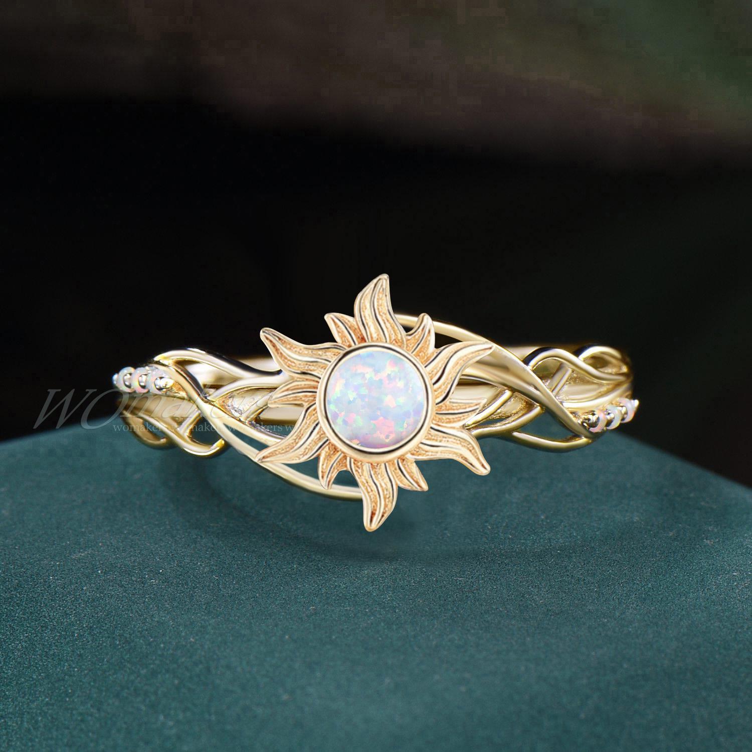 Tangled Rapunzel Princess Sun Engagement Ring 14k Solid Gold White Opal ...