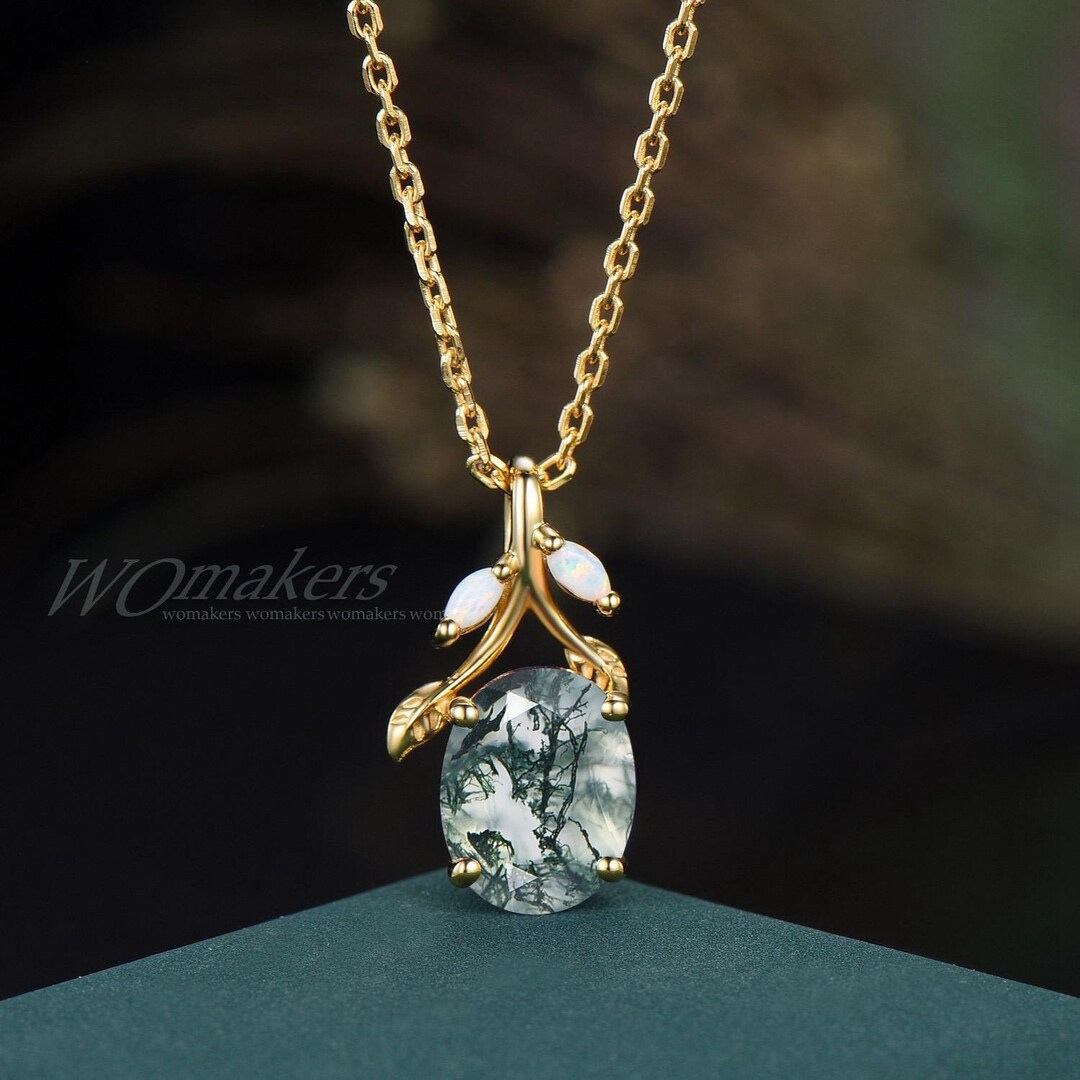 Nature Inspired 2ct Oval Moss Agate Pendant Necklace Leaf Branch ...