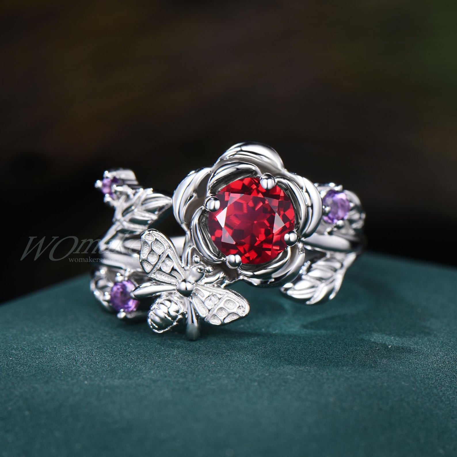 Rose Flower and Bee Engagement Ring Round Ruby Nature Inspired Red ...