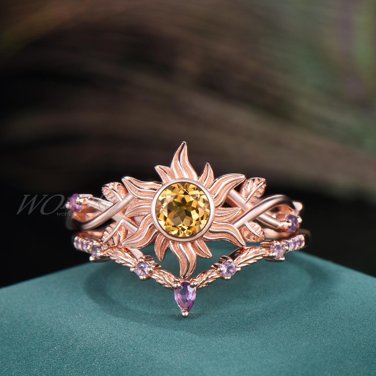 Tangled Sun Bridal Ring Set Vine Leaf Round Citrine Engagement Ring ...