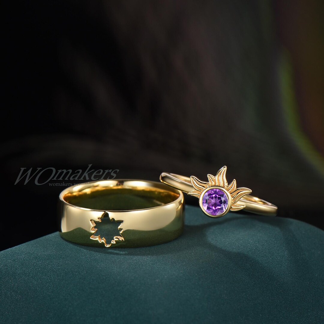 Tangled Inspired Sun Couple Rings Comfort Fit Solid Gold Matching Rings ...