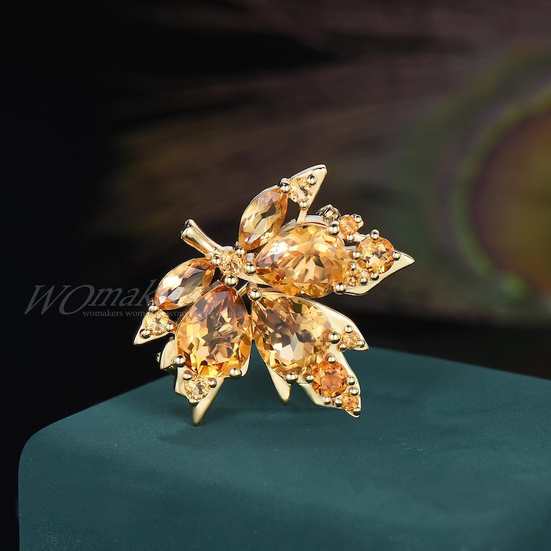 Maple Leaf Natural Citrine Brooch Pear Cut Solid Gold Autumn Leaf Lapel ...