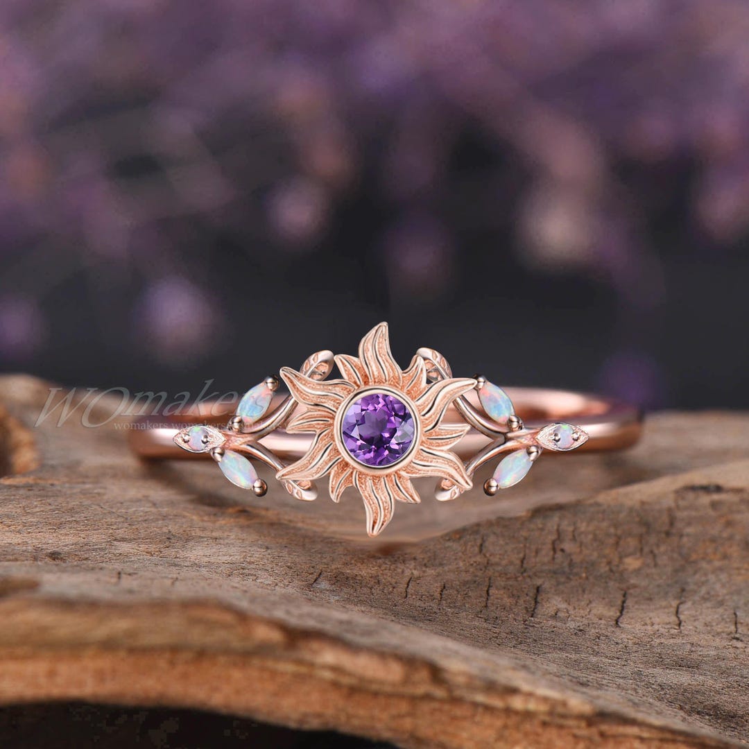 Tangled Rapunzel Sun Ring Round Natural Amethyst Engagement Ring Leaf ...