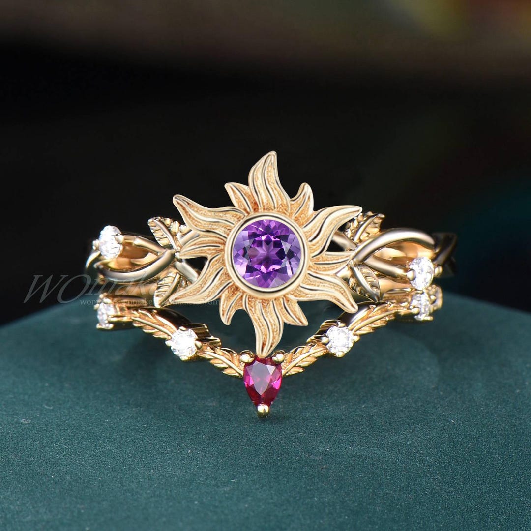 Rapunzel Nature Inspired Round Natural Amethyst Bezel Engagement Ring ...