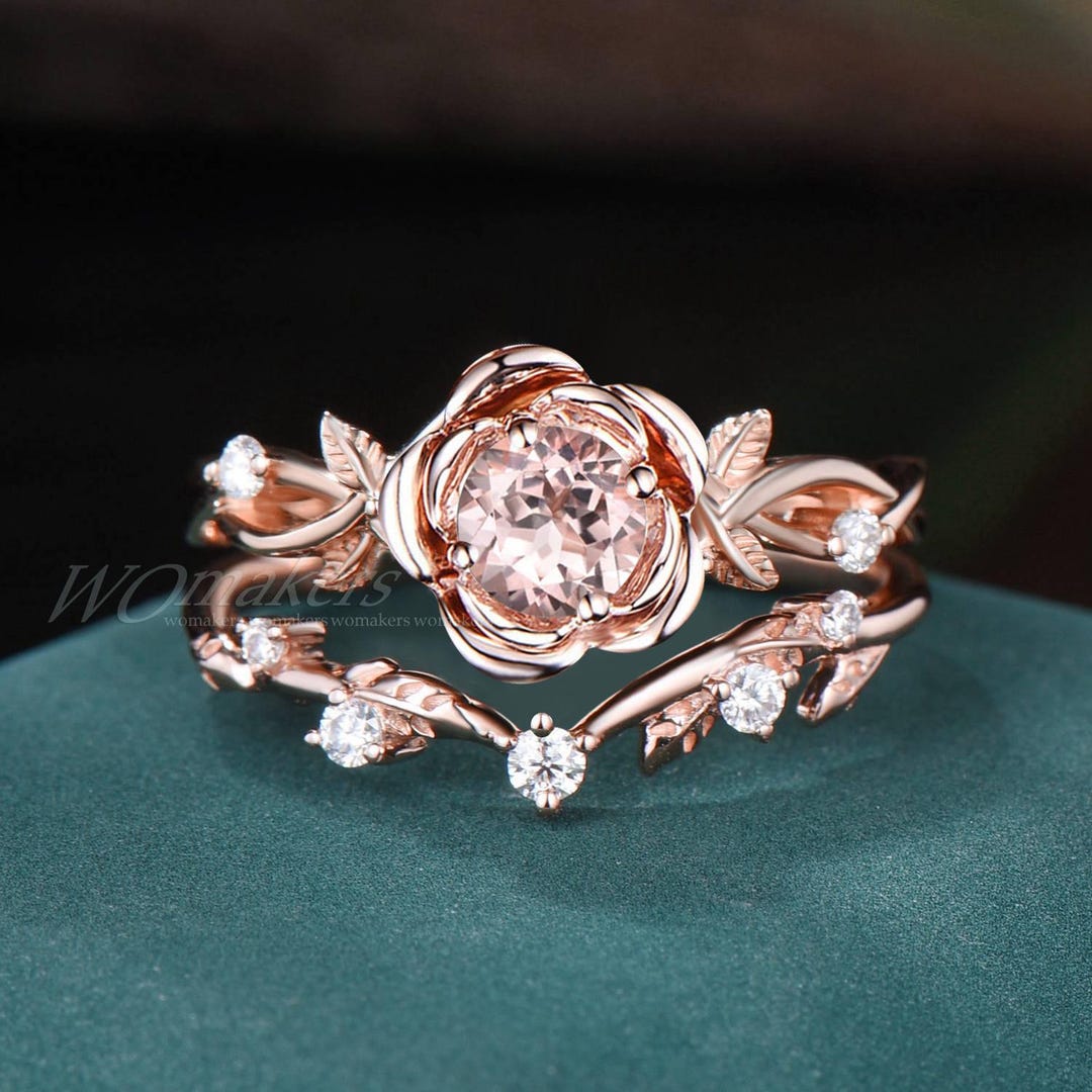 Dainty Rose Flower Ring Round Natural Pink Morganite Engagement Ring ...