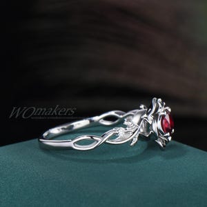 Rose Flower Leaf Twist Vine Ring Round Ruby Engagement Ring Red Gemstone Rose Twig Branch Bridal ...