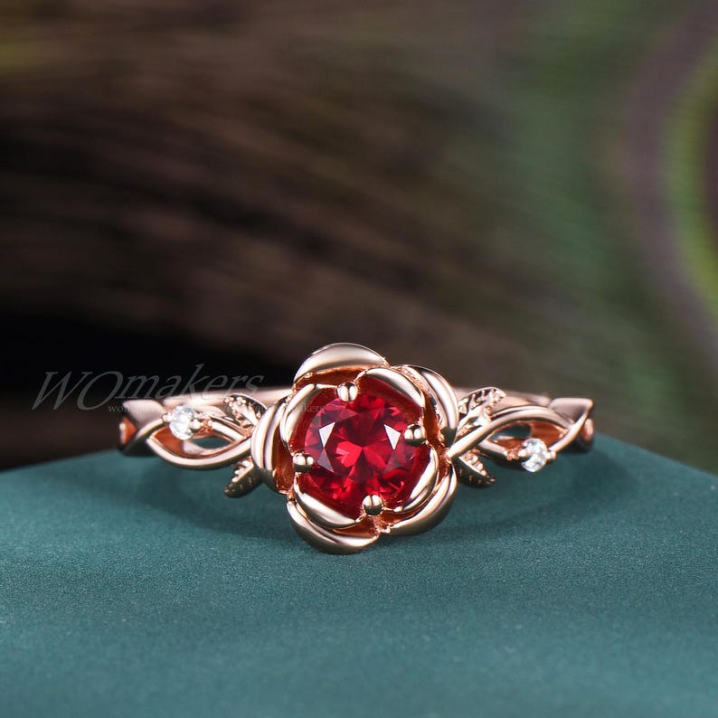 Rose Flower Leaf Twist Vine Ring Round Ruby Engagement Ring Red ...