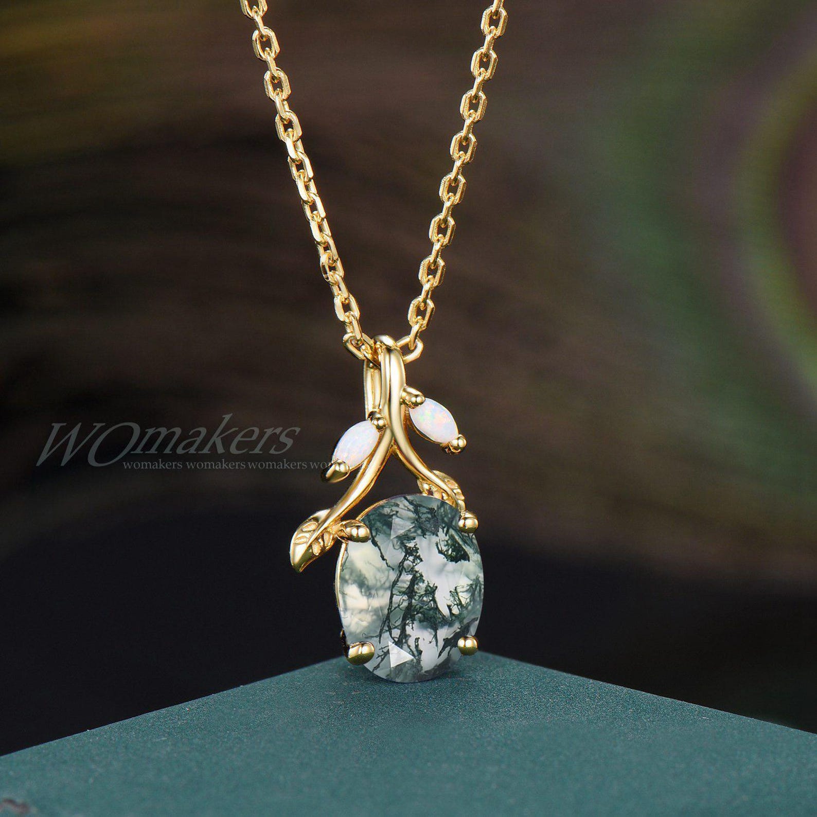 Nature Inspired 2ct Oval Moss Agate Pendant Necklace Leaf Branch ...