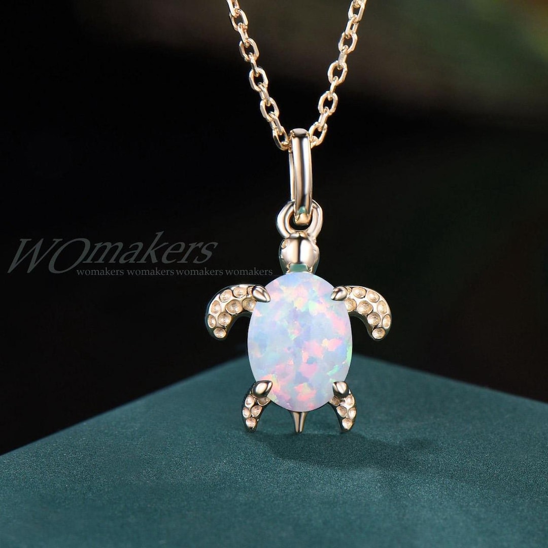 Unique Oval Cut White Opal Turtle Pendant Necklace 18k Solid Gold Cute ...