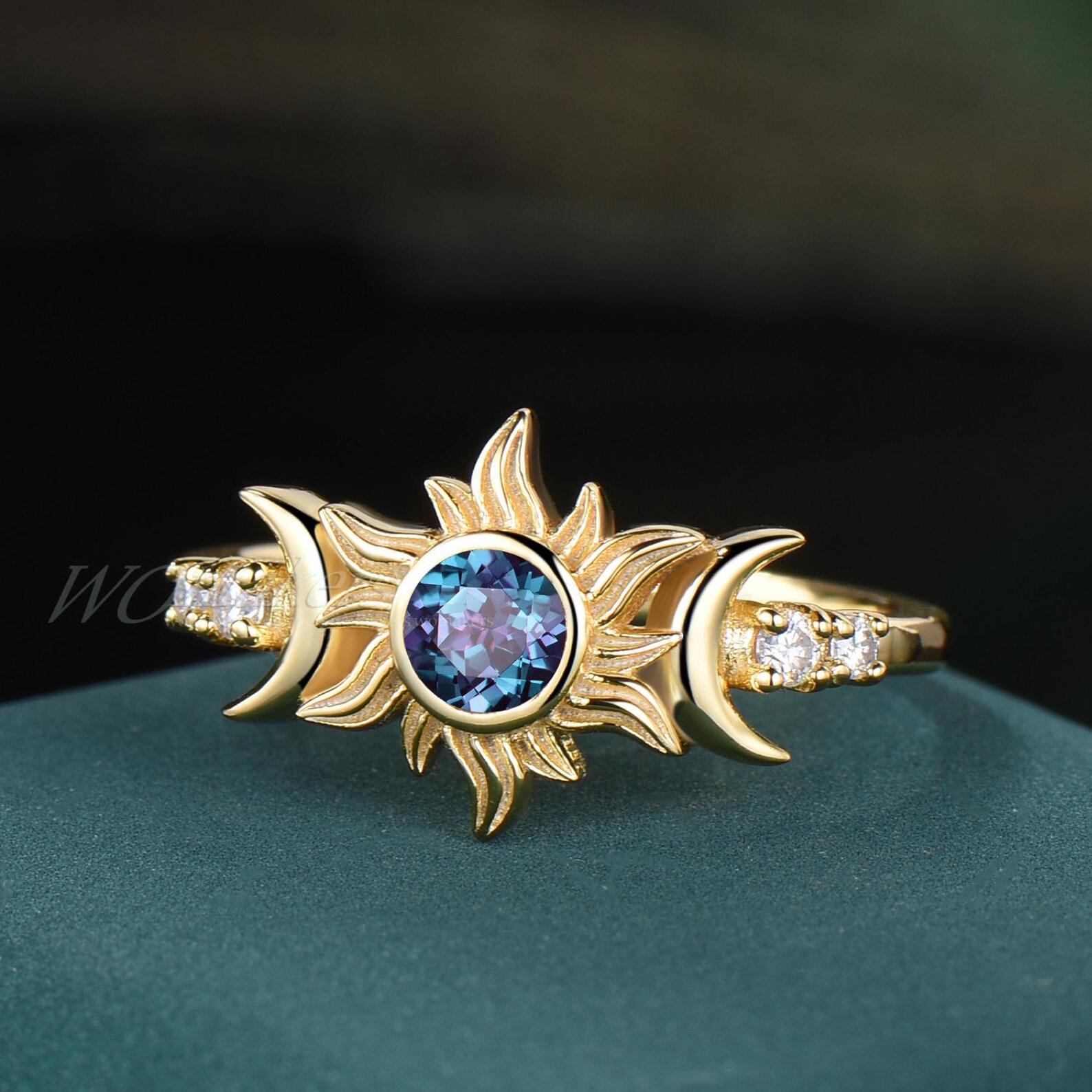 Tangled Sun Crescent Ring Color Changing Alexandrite Engagement Ring ...