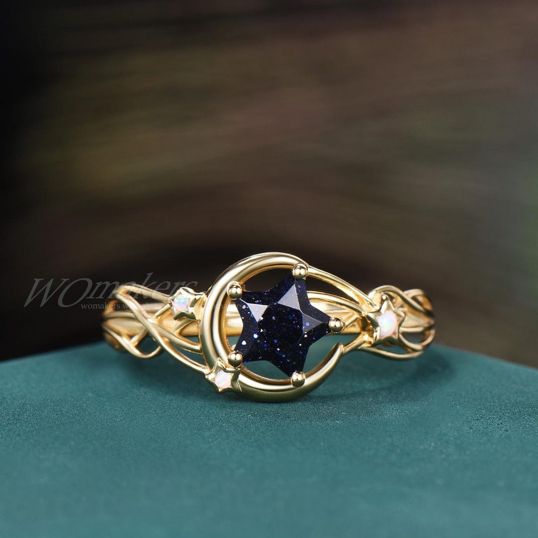 Star Shaped Galaxy Blue Sandstone Engagement Ring Meteor Trail Crescent ...