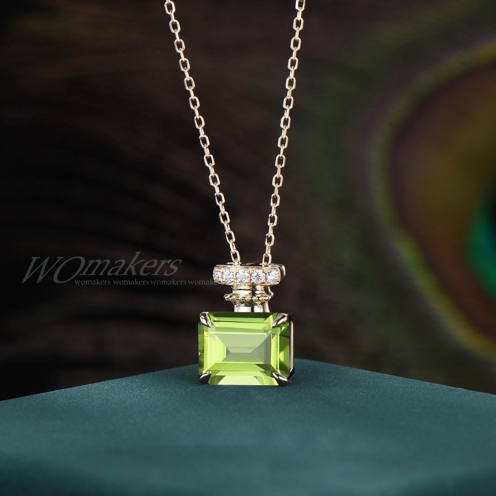 Emerald Cut Natural Peridot Perfume Bottle Necklace East West Olive ...