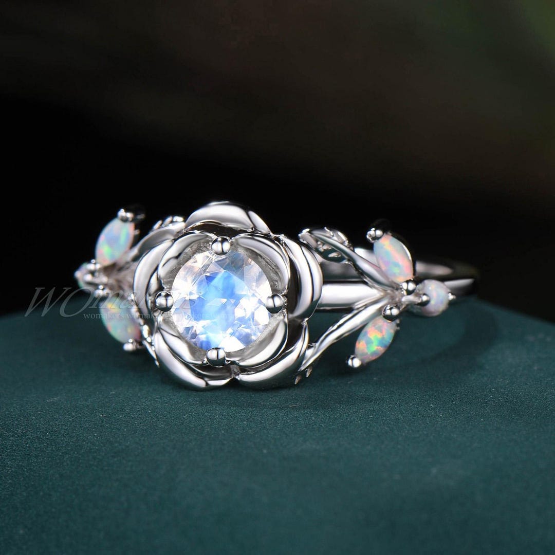 Rose Flower Solid Gold Moonstone Engagement Ring Leaf Floral Moonstone ...