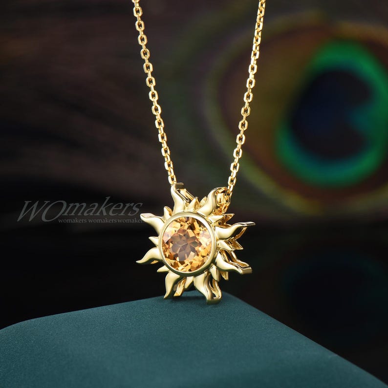 Unique Tangled Sun Pendant Necklace Round Citrine Bezel Solid 14k Gold ...