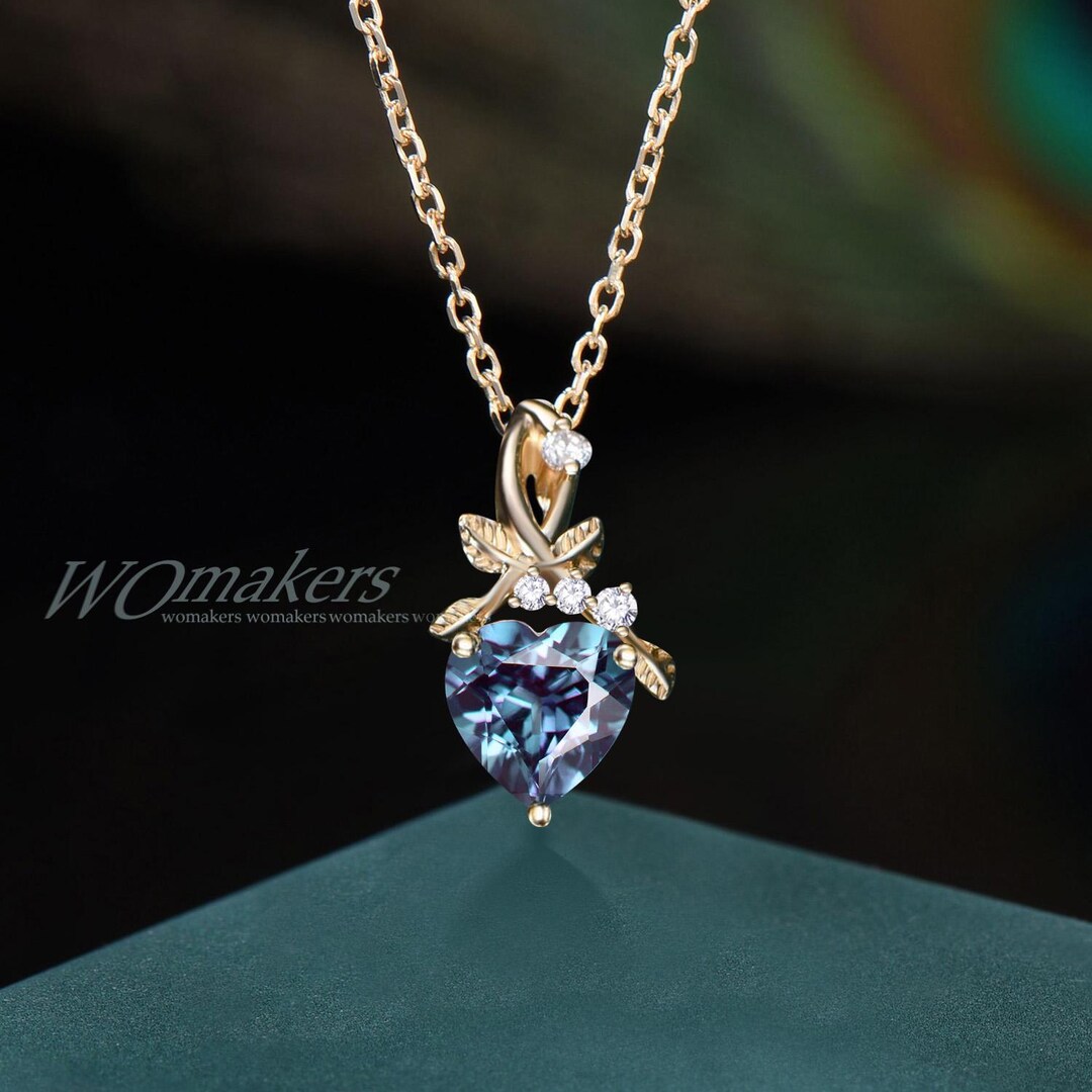 Heart Cut Color Change Alexandrite Pendant Necklace Vine Leaf Twig ...