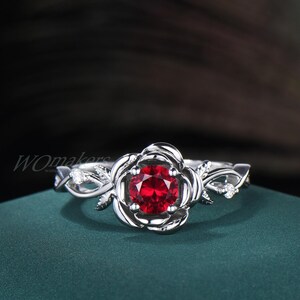 Rose Flower Leaf Twist Vine Ring Round Ruby Engagement Ring Red Gemstone Rose Twig Branch Bridal ...