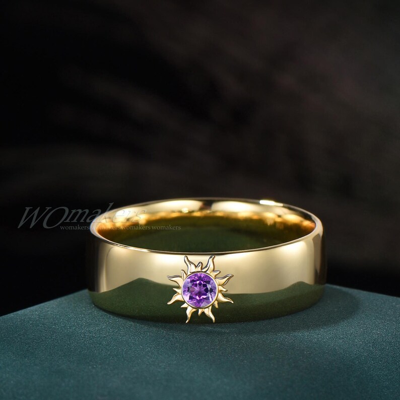 Rapunzel Sun Couple Ring Set 14k Solid Gold Round Amethyst Bezel ...