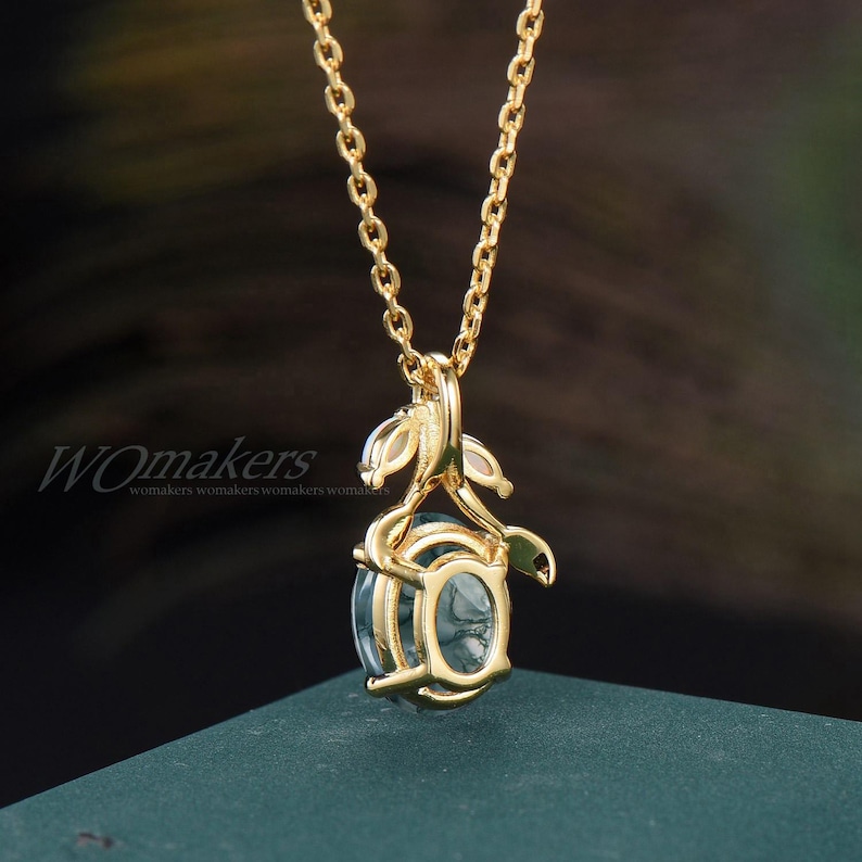 Nature Inspired 2ct Oval Moss Agate Pendant Necklace Leaf Branch ...