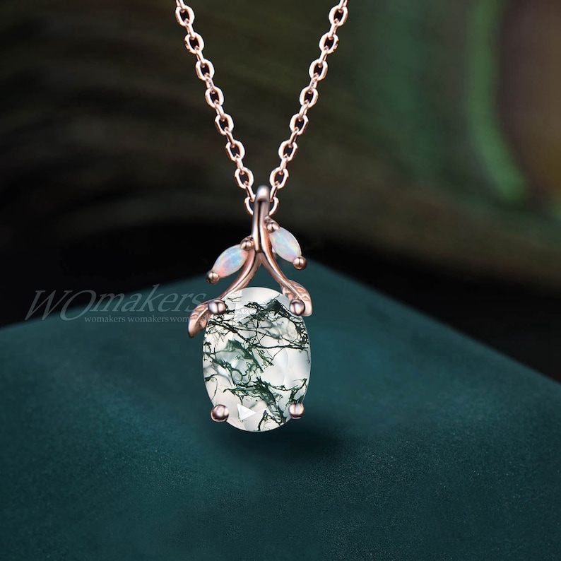 Nature Inspired 2ct Oval Moss Agate Pendant Necklace Leaf Branch ...